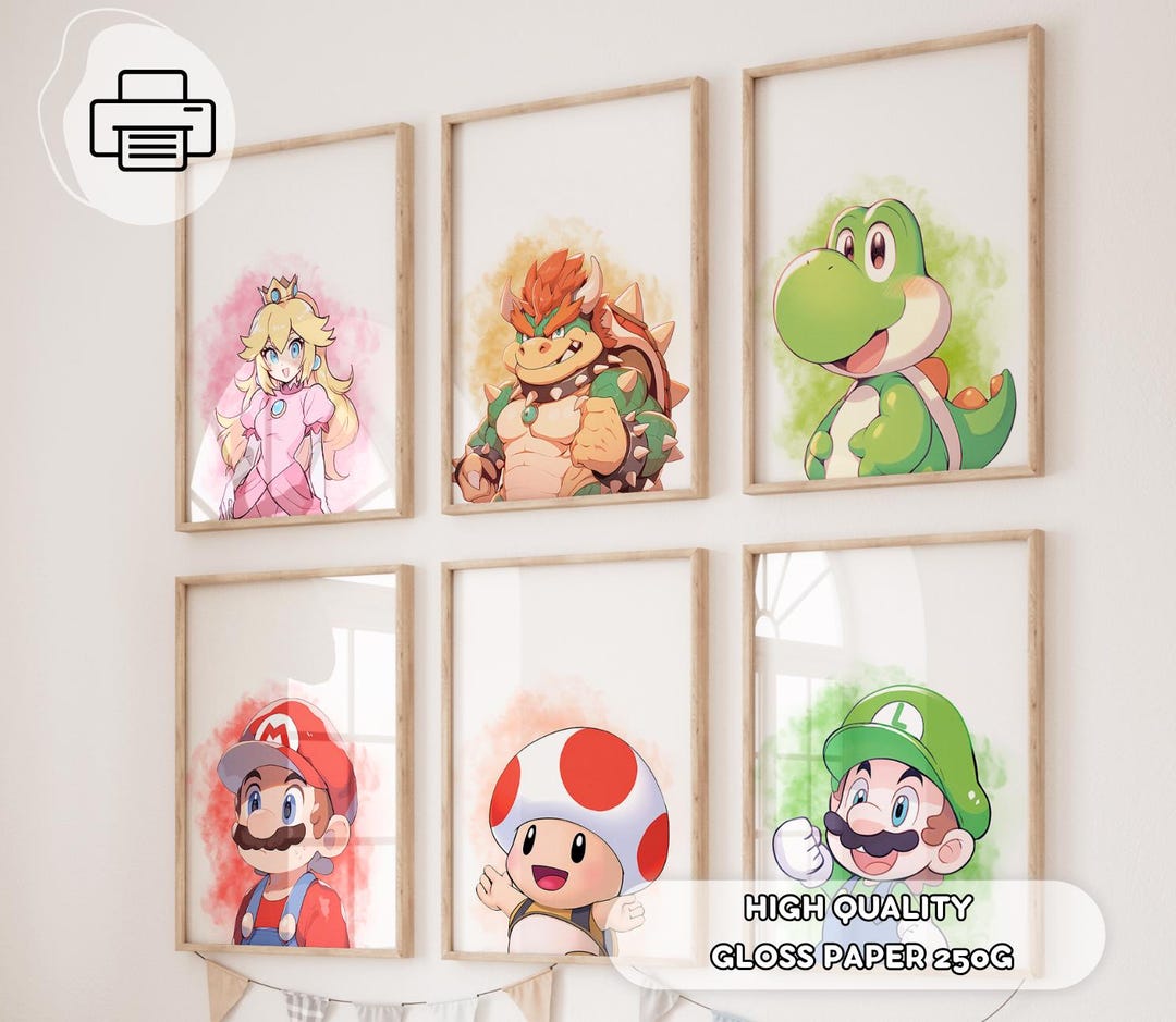 6 Super Mario Bros Wall Art - Watercolor Mario and Luigi, Minimalist ...
