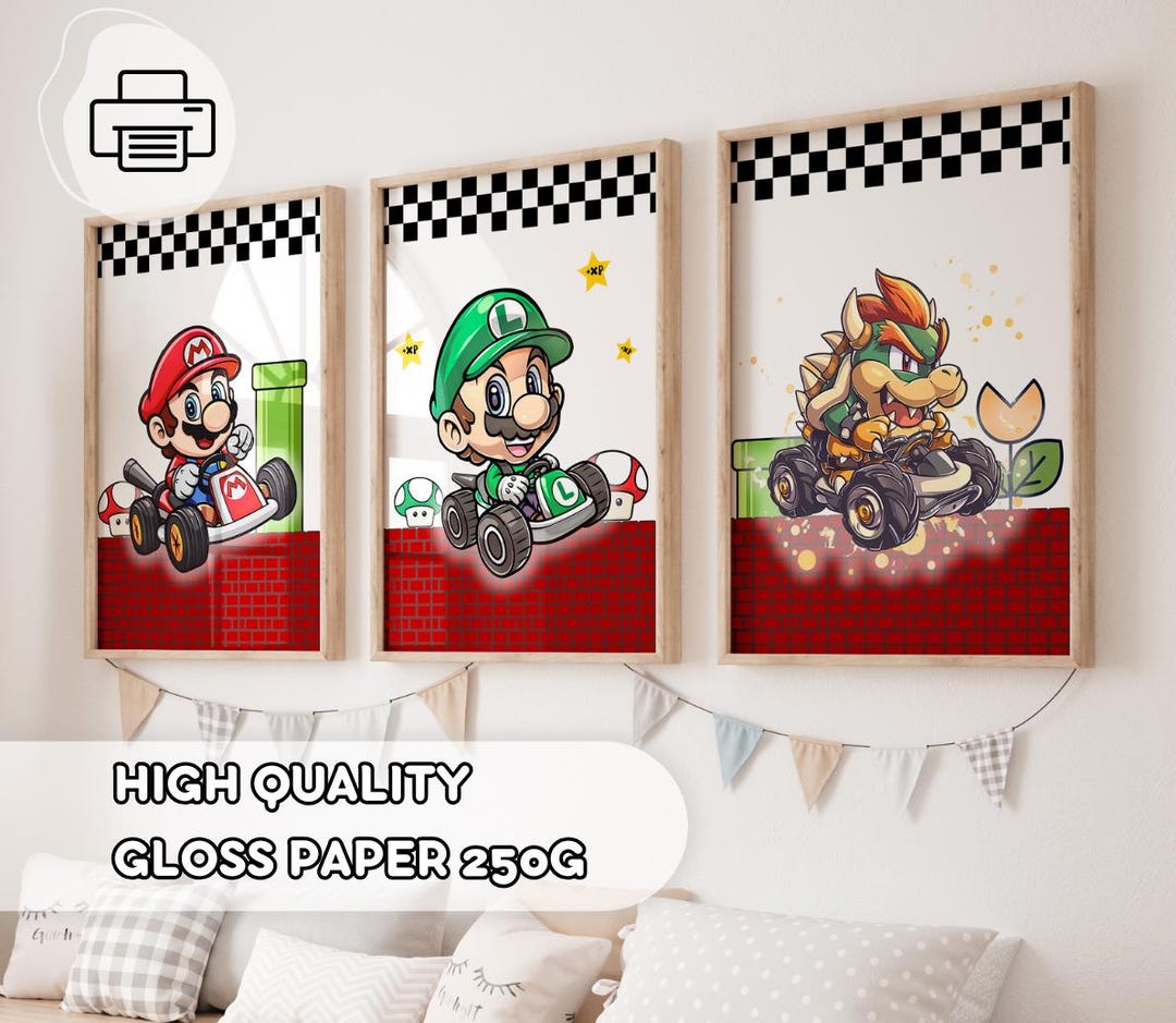 3 Super Mario Kart Posters - Mario and Luigi, Toad, Gift for Mario Fans ...