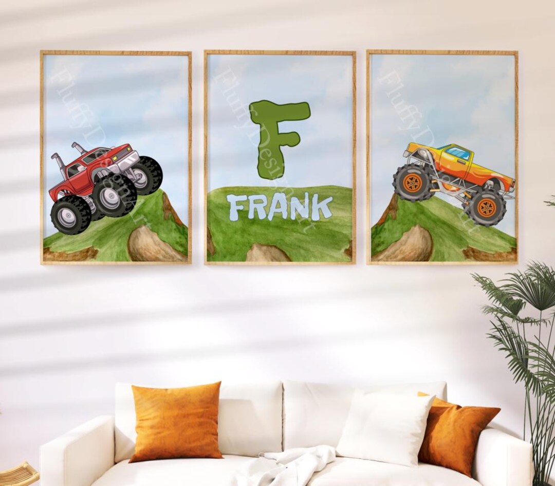 Set of 3 Vehicle Wall Art - Monster Truck Wall Art, Prints for Kids ...