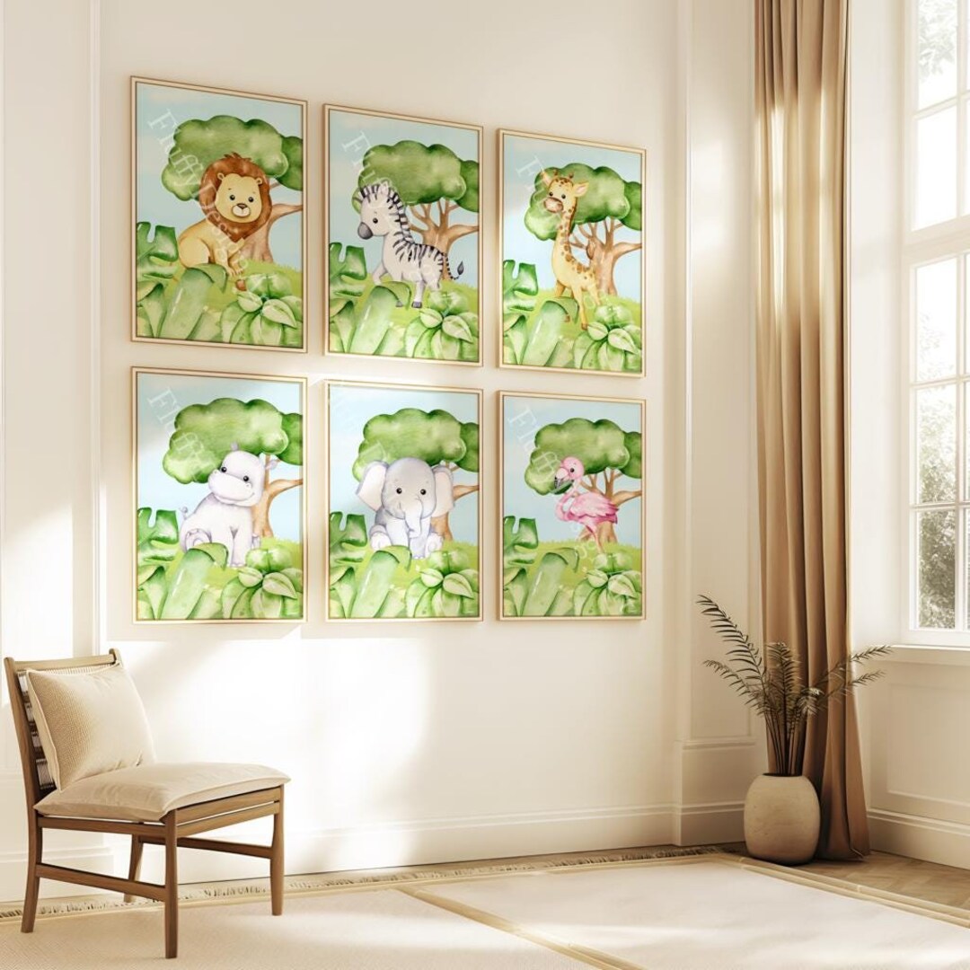 Set of 6 Safari Posters - Nursery Jungle Animal Poster, Wall Art for ...