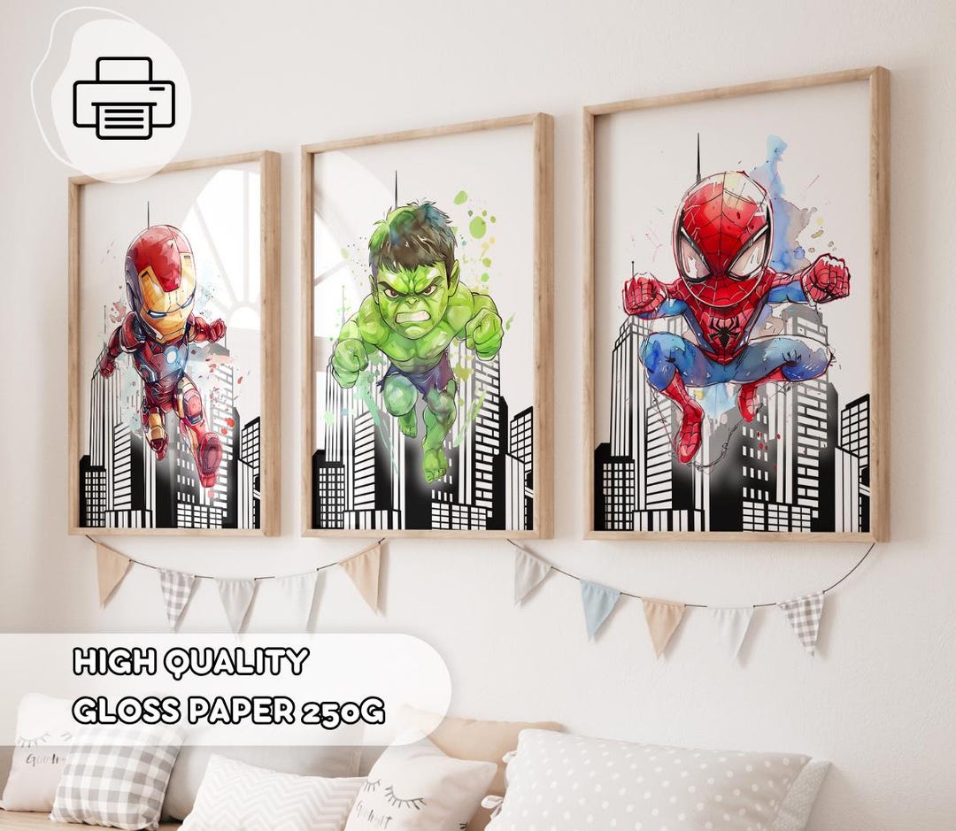 3 Nursery Superheroes Wall Art - Prints for Kids, Boys Room Decor ...