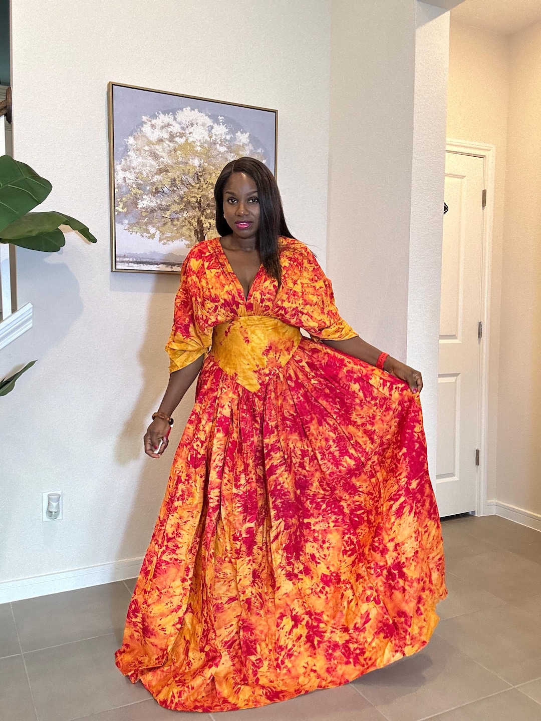 Handmade African Maxi Dress: Red & Yellow Tie-dye Adire Gown - Etsy