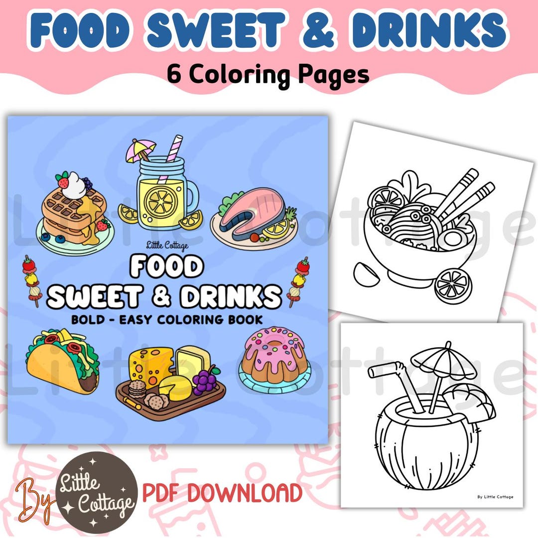 Food & Drinks Coloring Book: 6 Easy Coloring Pages (PDF File) - Etsy