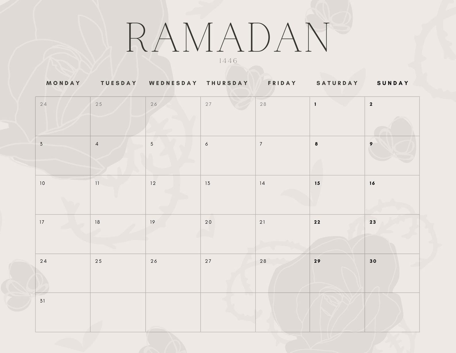 Calendrier du Ramadan 2025 imprimable, agenda du Ramadan, suivi du ...