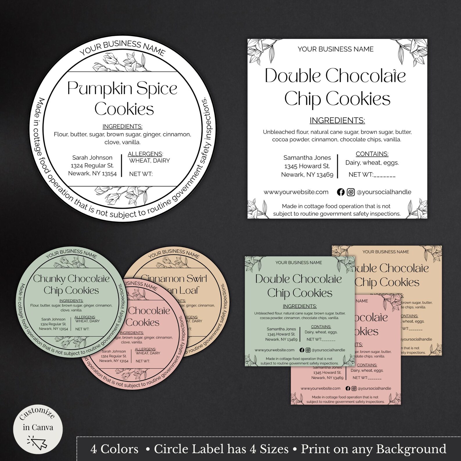 Boho-style Food Label Bundle: Editable Canva Templates (4 Colors ...