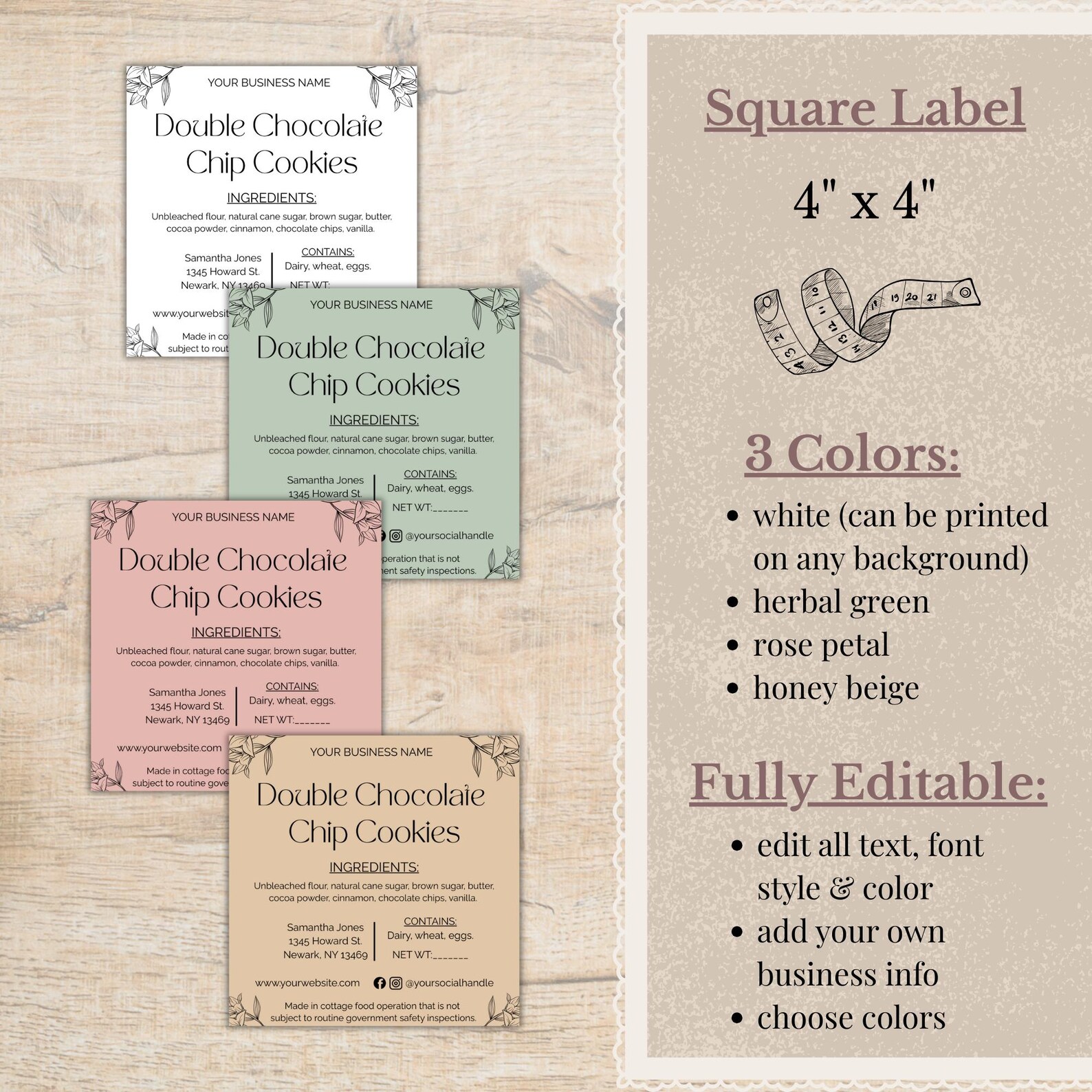 Boho-style Food Label Bundle: Editable Canva Templates (4 Colors ...