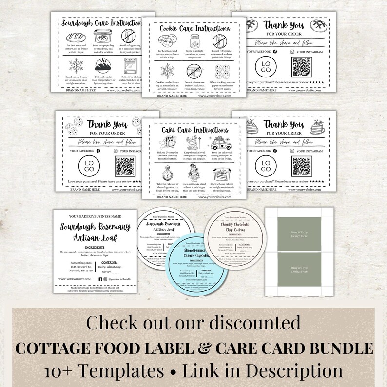Editable Cottage Food Label & Care Card Bundle | Printable Bakery ...