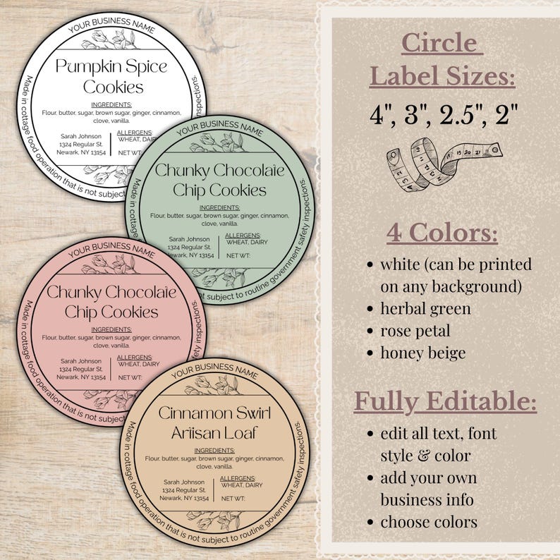 Boho Floral Cottage Food Label Template: Editable Circle Labels ...