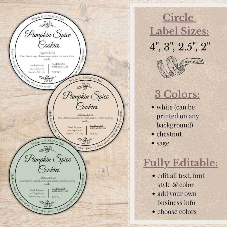 Vintage Cottage Food Label Template: Editable Circle Labels (digital ...