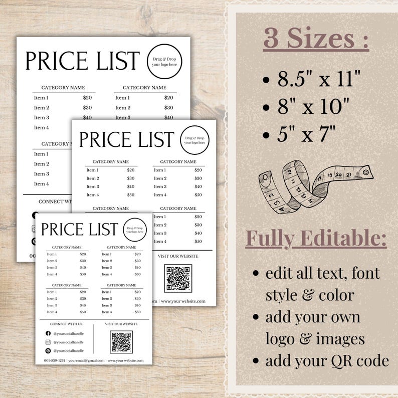 QR Code Price List Template | Small Business Sign (digital Download) - Etsy