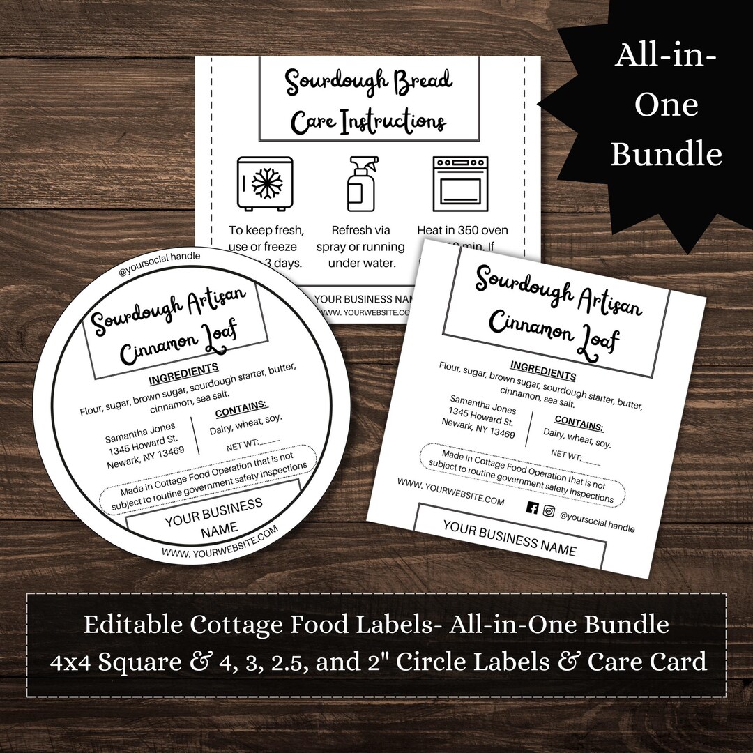 Vintage Cottage Bakery Label & Care Card Bundle | Editable Circle and ...