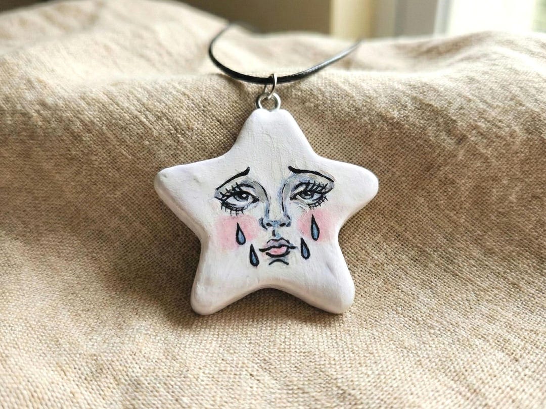 Weirdcore Crying Star Necklace, Sad Face Pendant, Dreamcore Jewelry ...