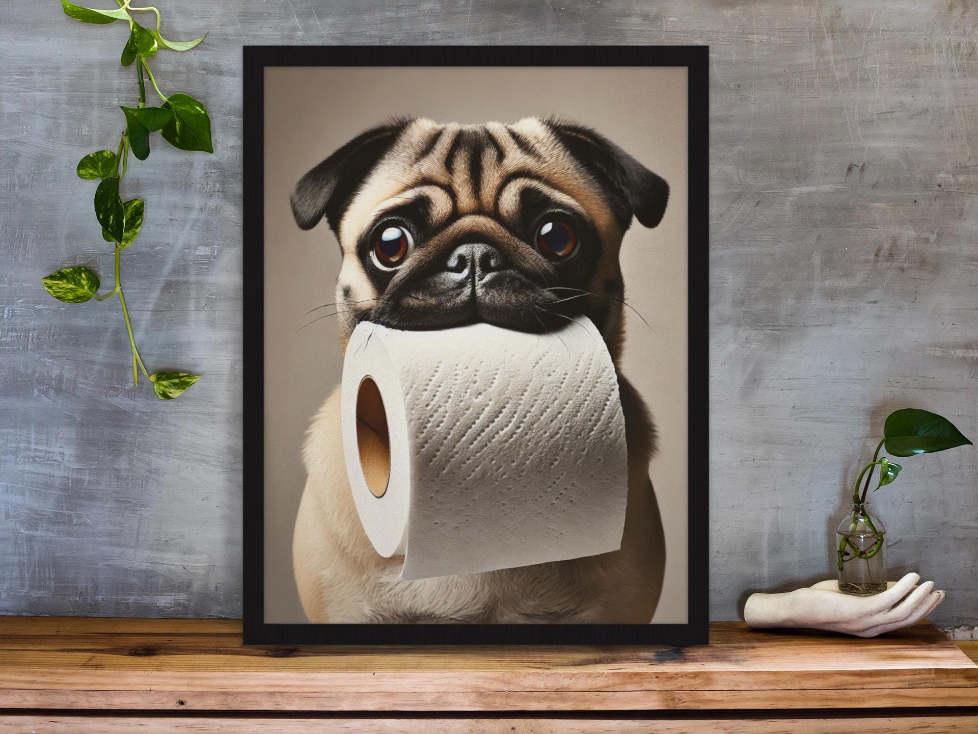Pug Holding Toilet Roll Poster, Wall Art Decor, Funny Dog Print ...