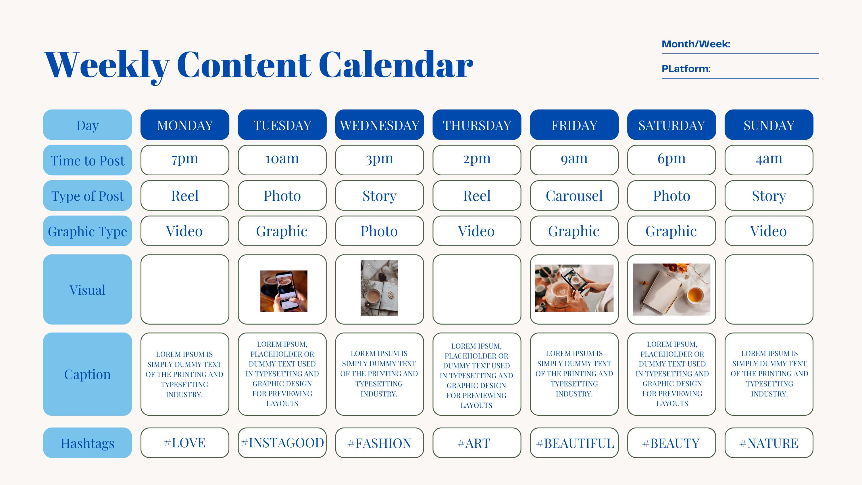 Weekly Content Calendar Social Media Planner and Calendar Daily Content ...