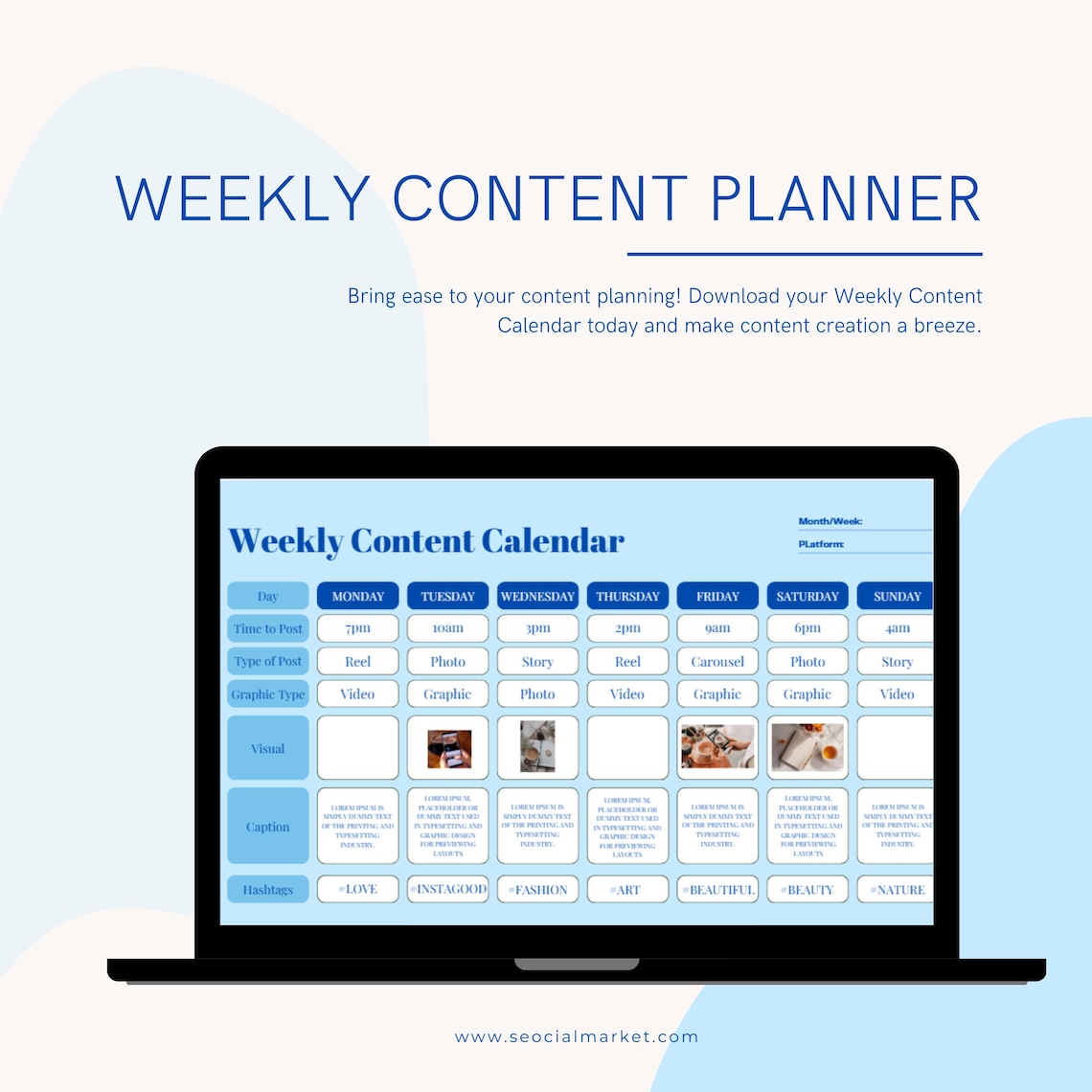 Weekly Content Calendar Social Media Planner and Calendar Daily Content ...