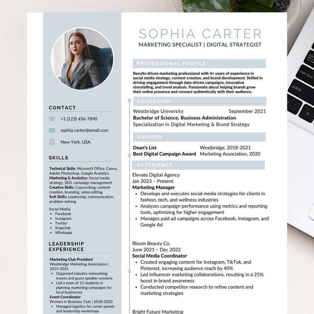Resume Template Canva With Cover Letter, 1 Page CV Template Canva ...