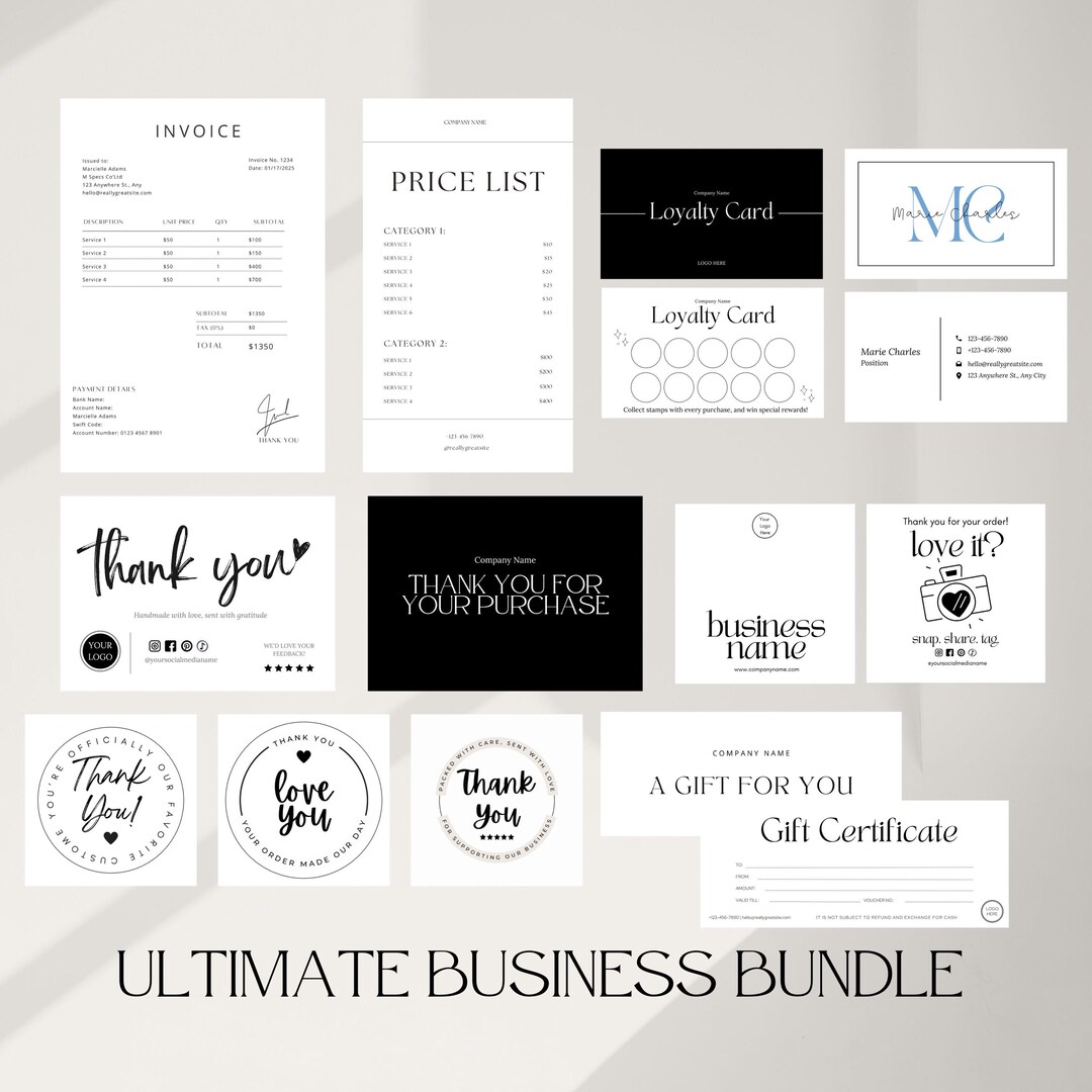 Editable Business Templates Bundle, Invoice, Thank You Card (digital ...
