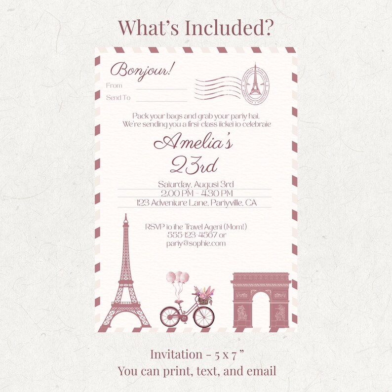 Paris Birthday Invitation Template, Eiffel Tower Postcard (editable ...