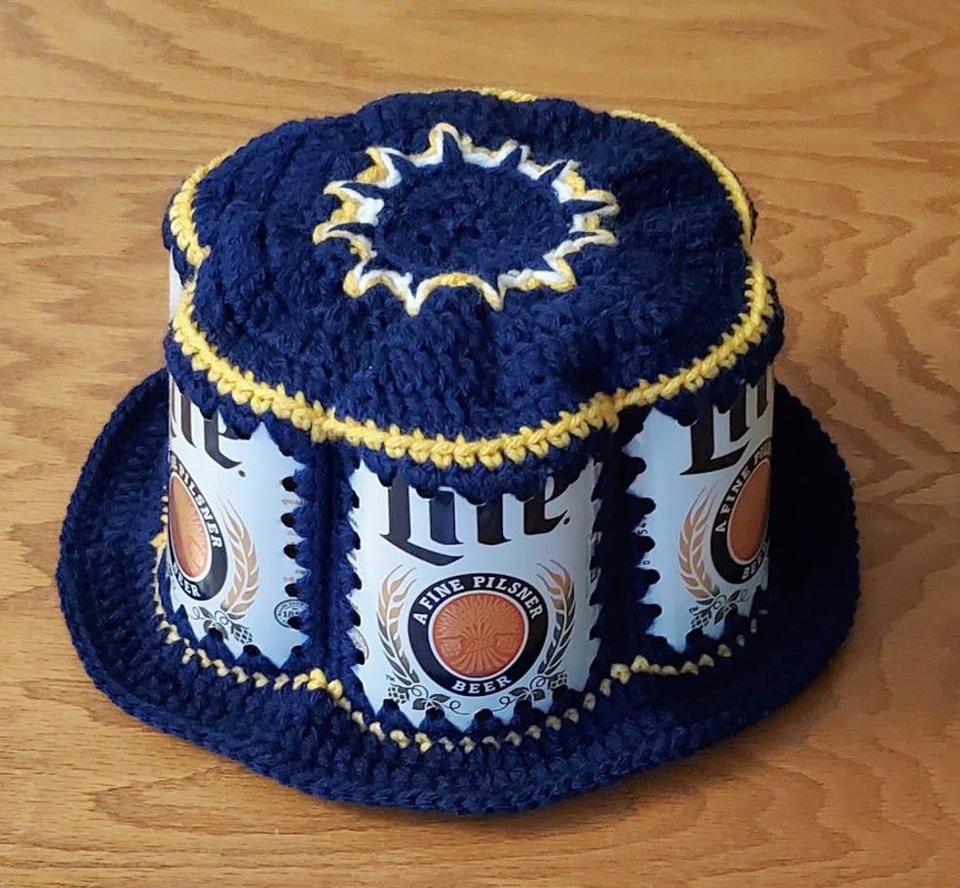 Crocheted Beer Can Hat - Miller Lite in Brewers Navy Blue and Yellow - Etsy