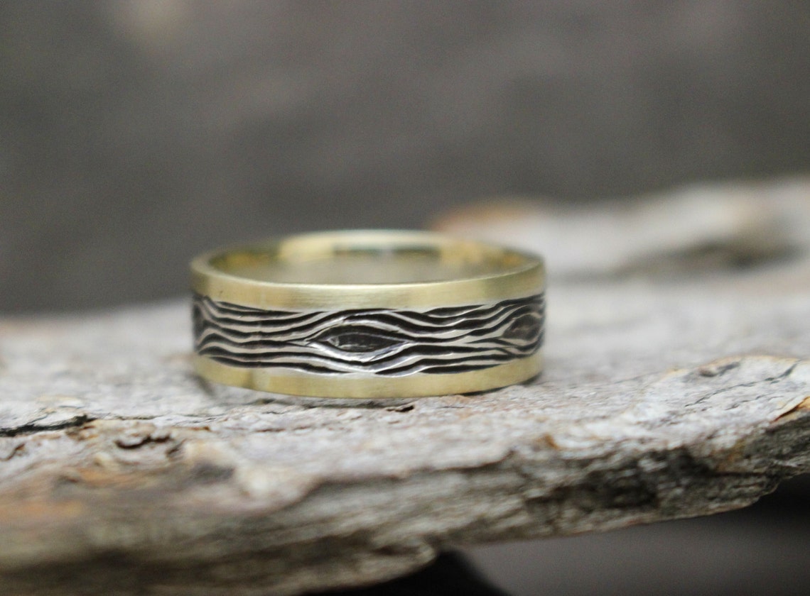 Mixed Metal Wood Grain Engraved Ring; 14k Gold & Sterling Silver ...