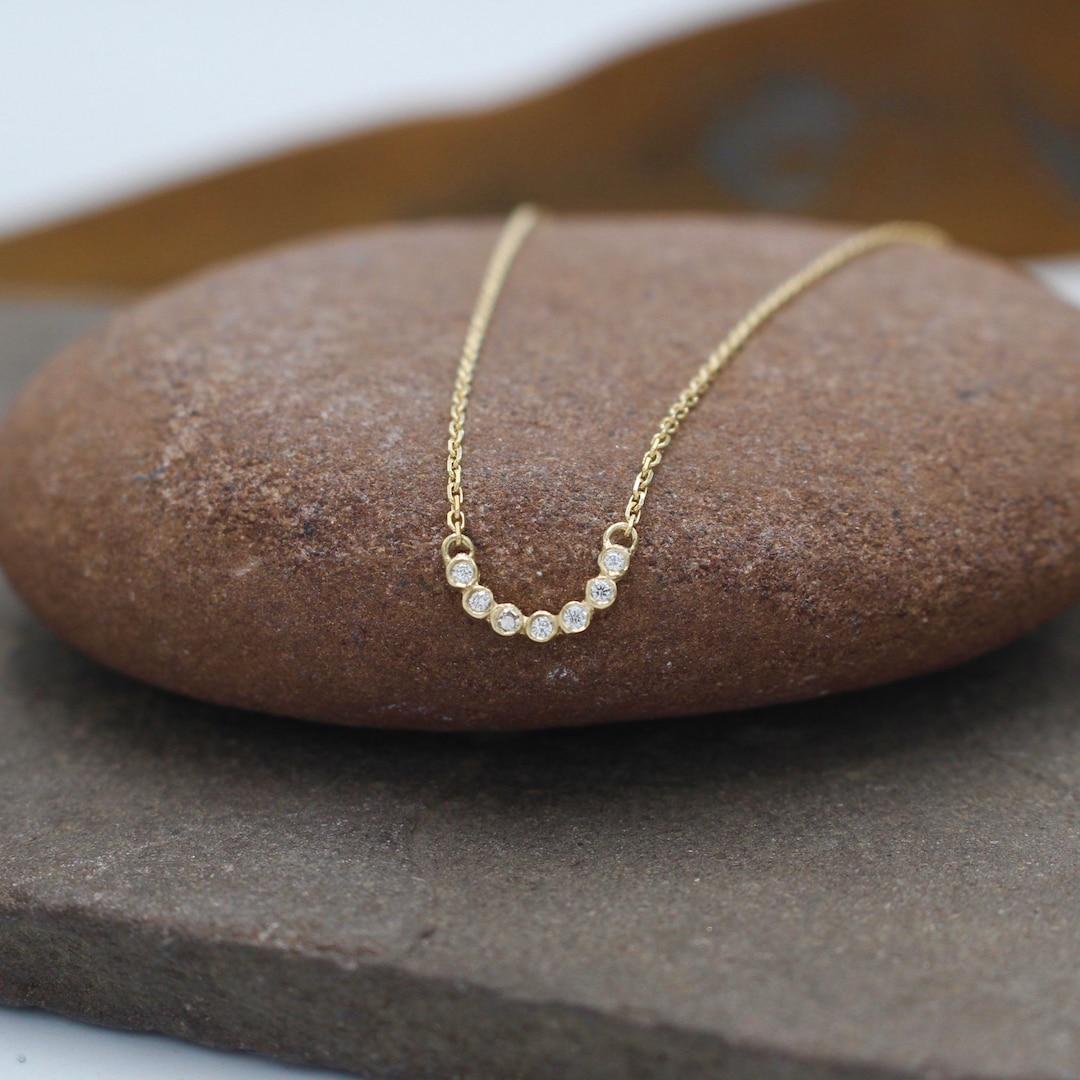 Petite Curved Natural Diamond Bar Necklace in 14K Gold Pebbles With 18K ...