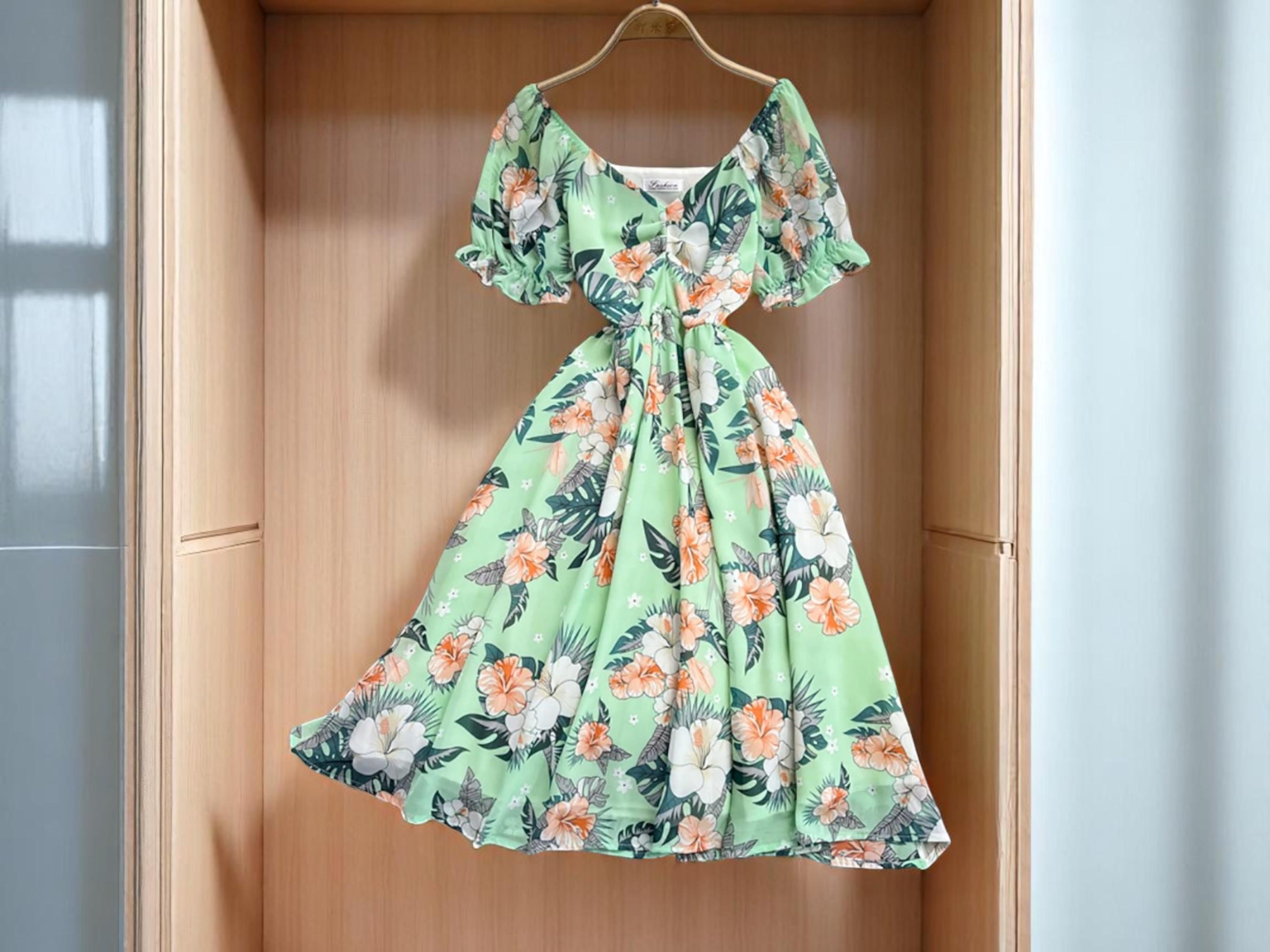Floral Chiffon Dress for Women | Deep V-neck Outfit | High Waist A-line ...
