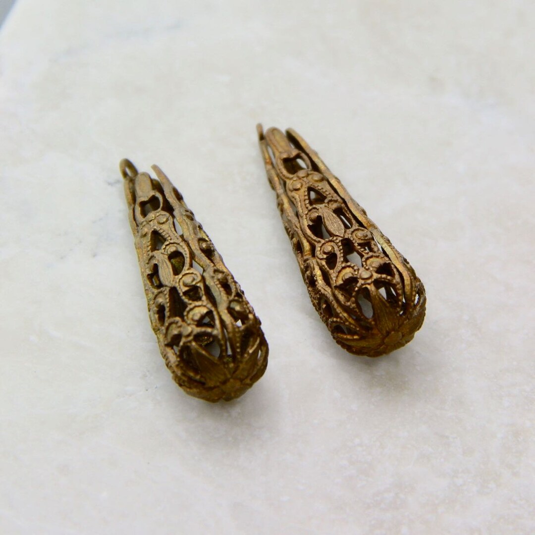 2 X Vintaj Filigree Droplet Charms Brass Antique Patina Finish Teardrop ...
