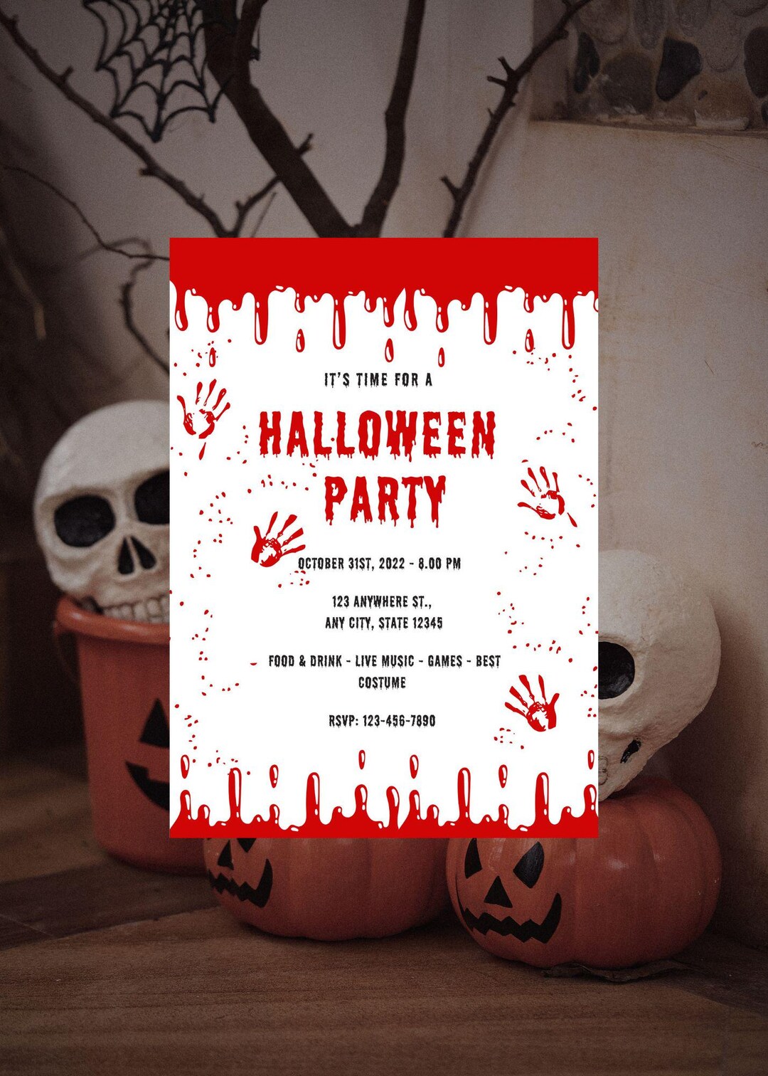 Customizable Halloween Party Invitation Bloody Theme Spooky Red Blood ...