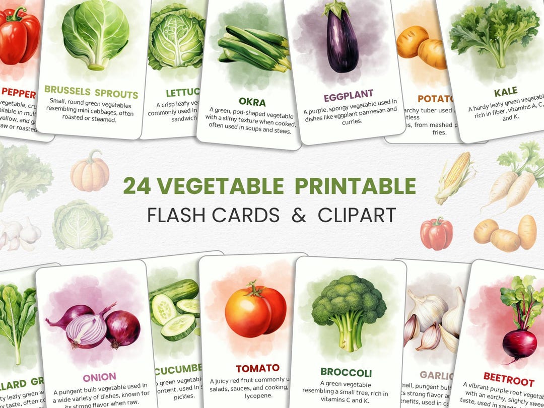 24 Vegetable Printable Flash Cards , Vegetable Clipart , Educational ...