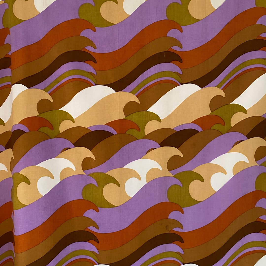 Vintage Psychedelische Stof Jaren 70 Paars Bruin Groen Witte Golven ...