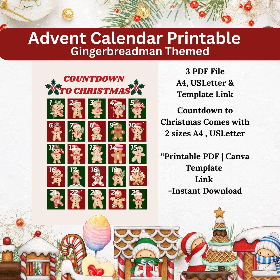 Gingerbread Man Advent Calendar Printable, Kids Christmas Activity ...
