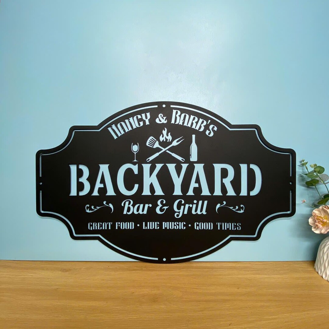 Personalized Backyard Bar & Grill Metal Sign, Custom Family Name Drinks ...