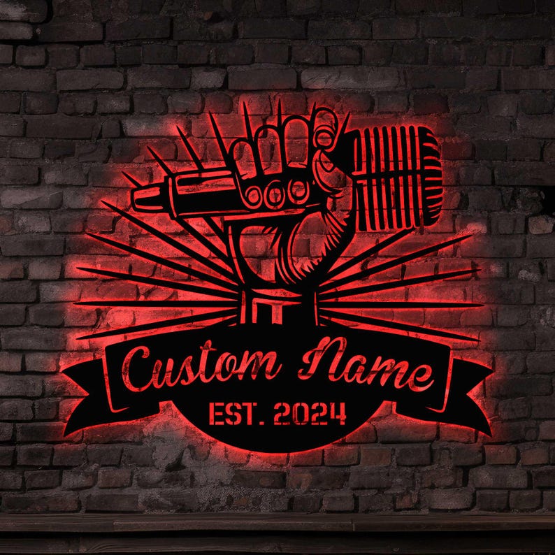 Custom Microphone Metal Sign With Led Light, Personalized Microphone ...