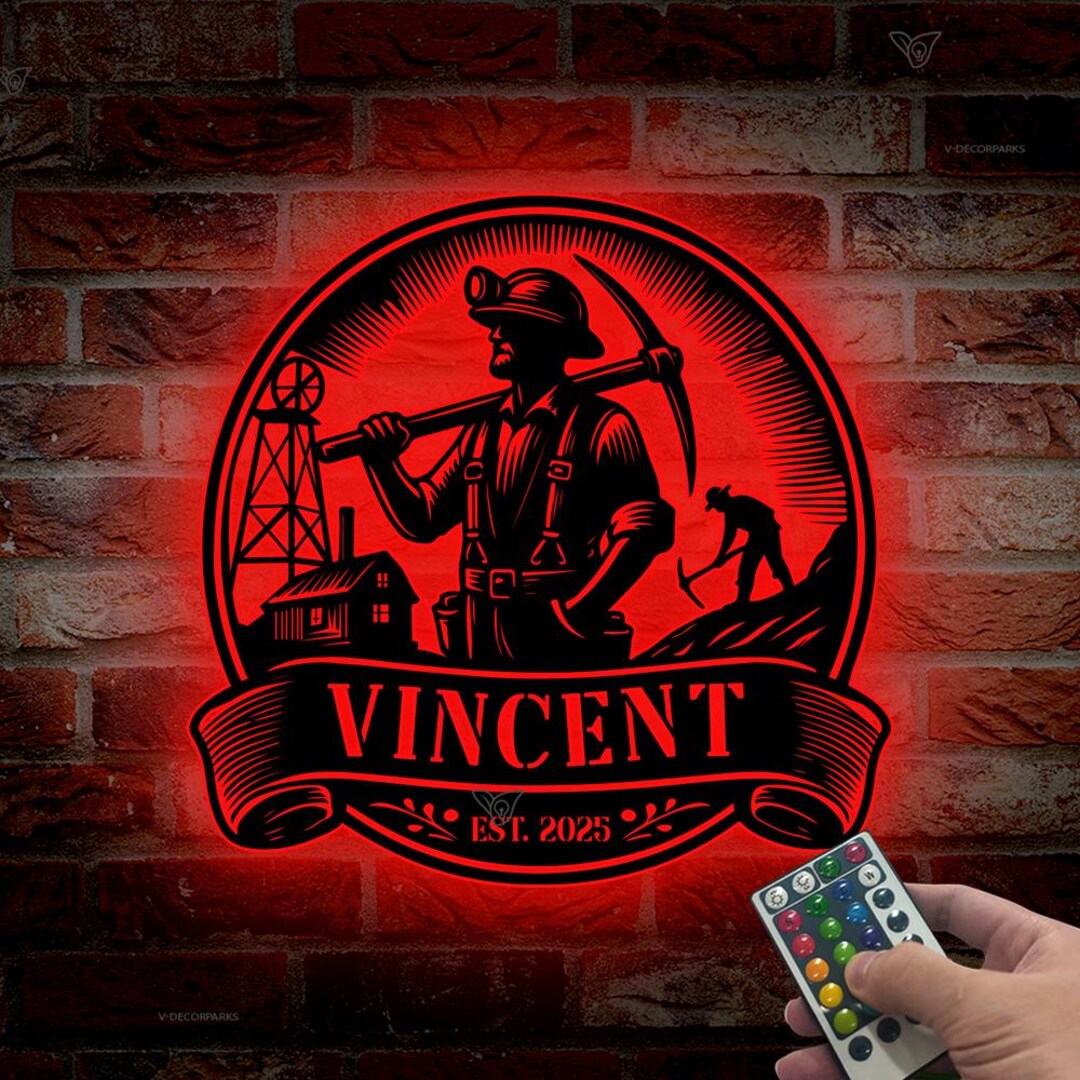 Custom Coal Mining Metal Wall Art LED Light Personalized Miner Name ...