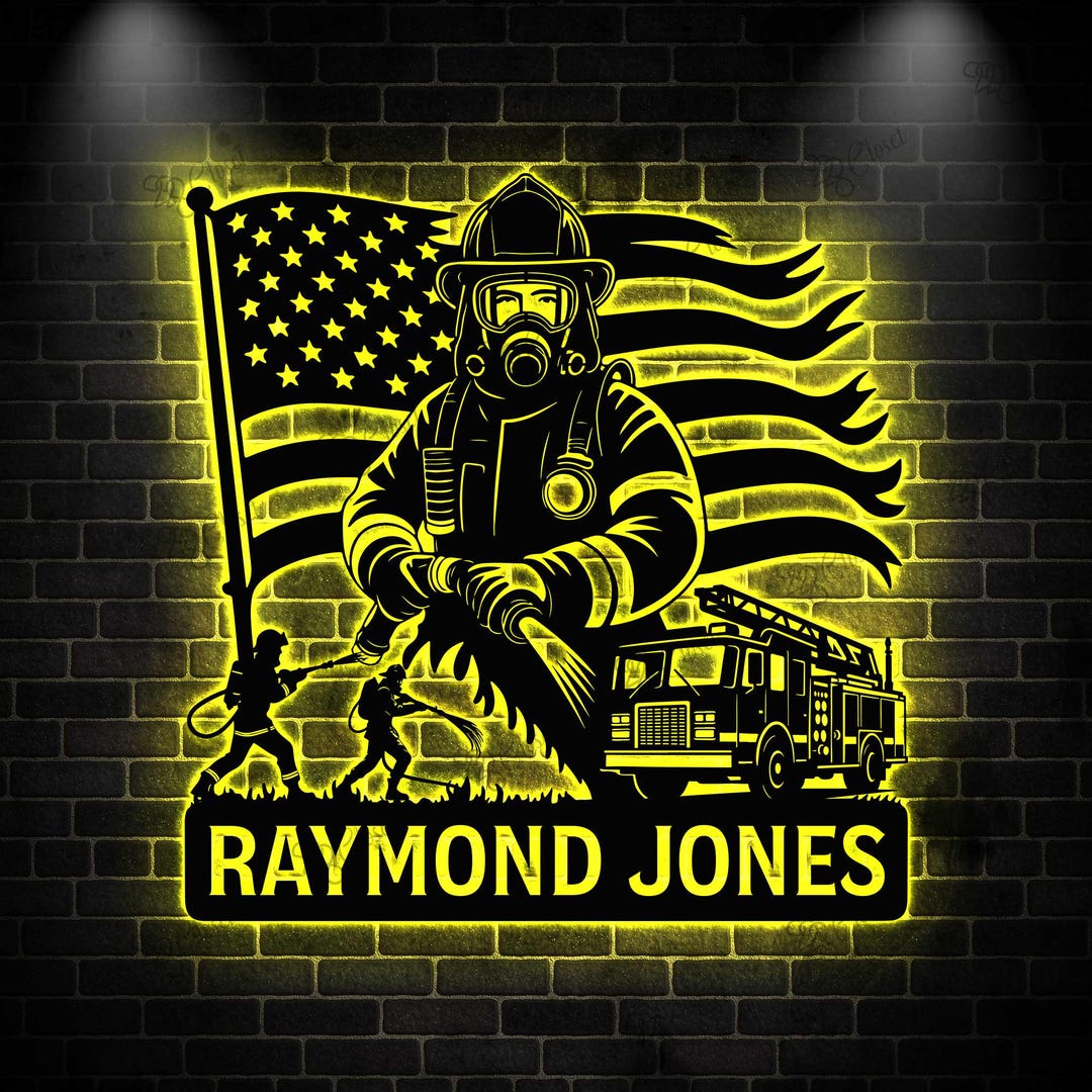 Personalized Fireman Metal Sign LED Light, Firefighter Metal Sign ...