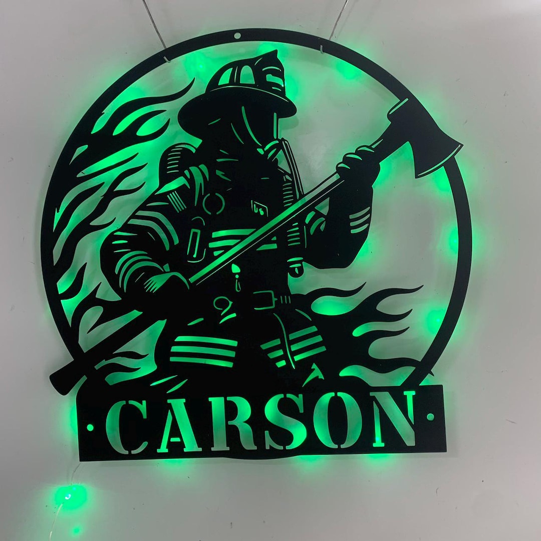 Custom Firefighter Metal Wall Sign LED Lights, Personalize Fireman ...