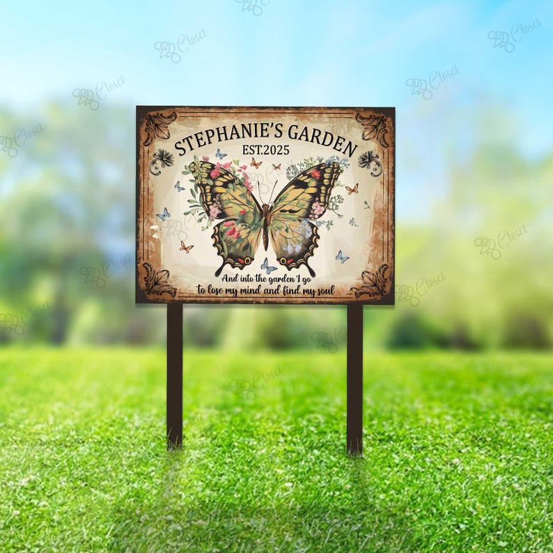 Personalized Garden Sign, Butterfly Yard Sign, Vintage Metal Garden ...