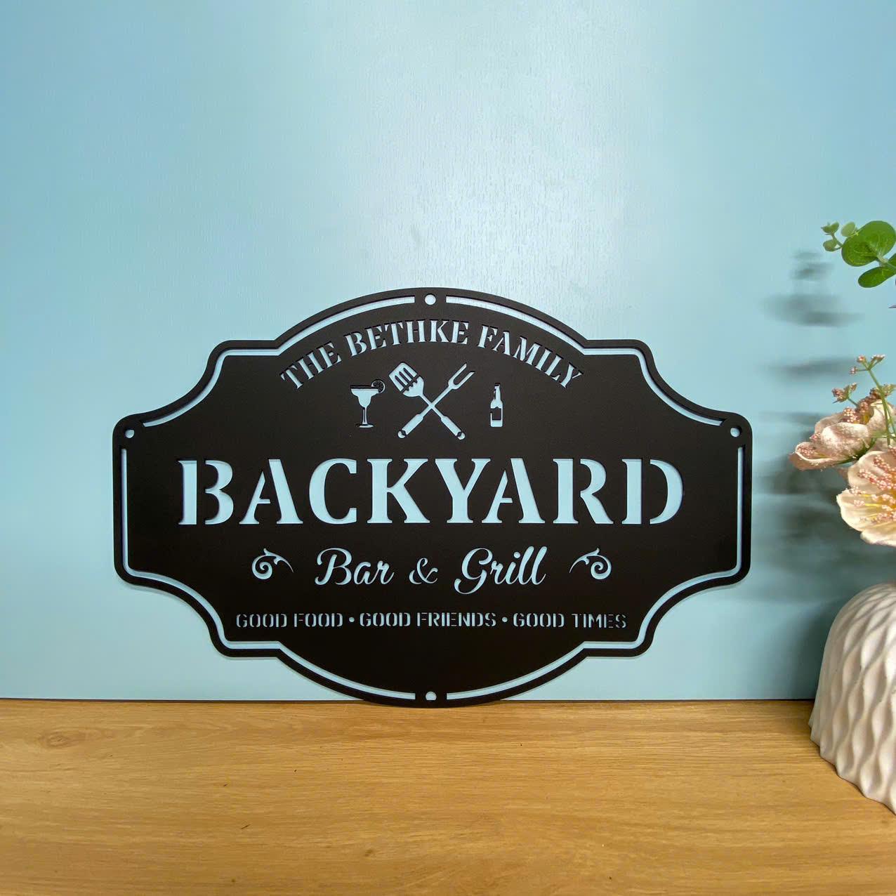 Personalized Backyard Bar & Grill Metal Sign, Custom Family Name Drinks ...