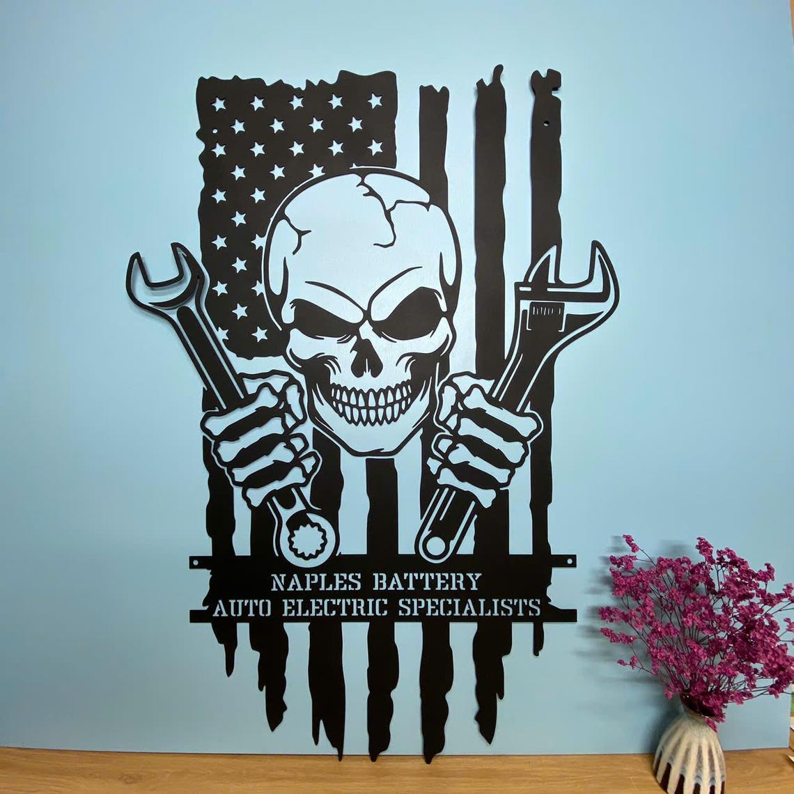 Custom American Flag Mechanic Skull Metal Wall Art, Personalized ...
