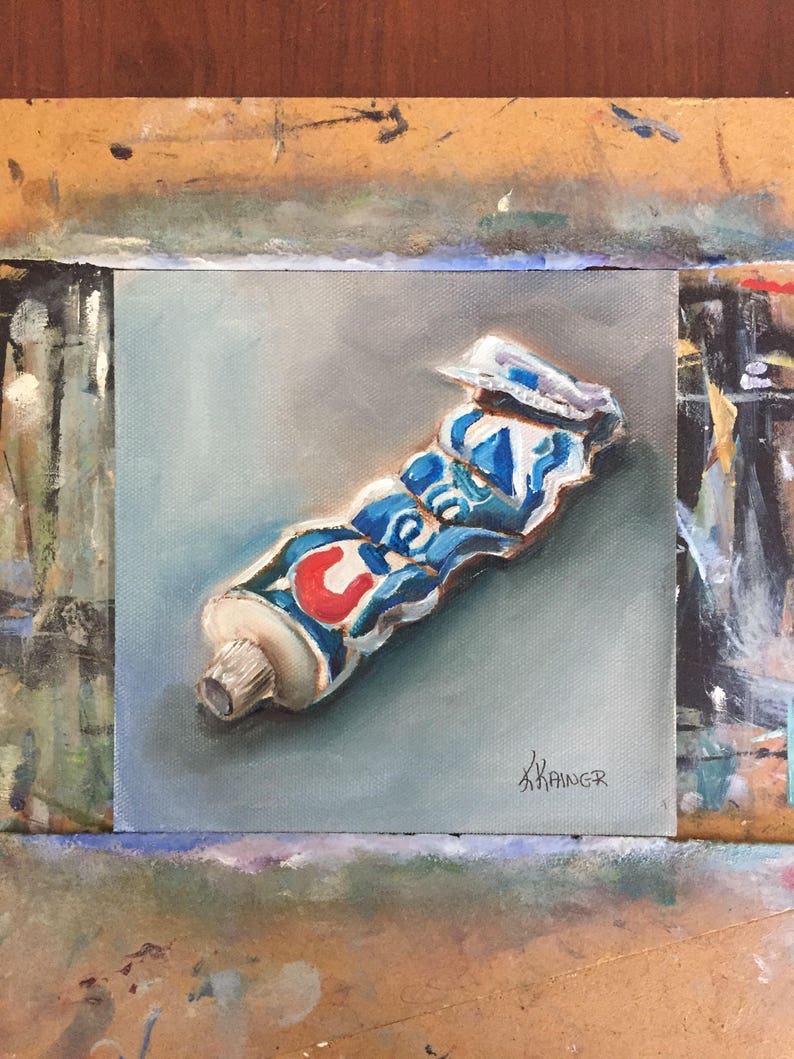 Toothpaste ORIGINAL Oil Painting Bathroom Art 6x6 by Kristine Kainer - Etsy