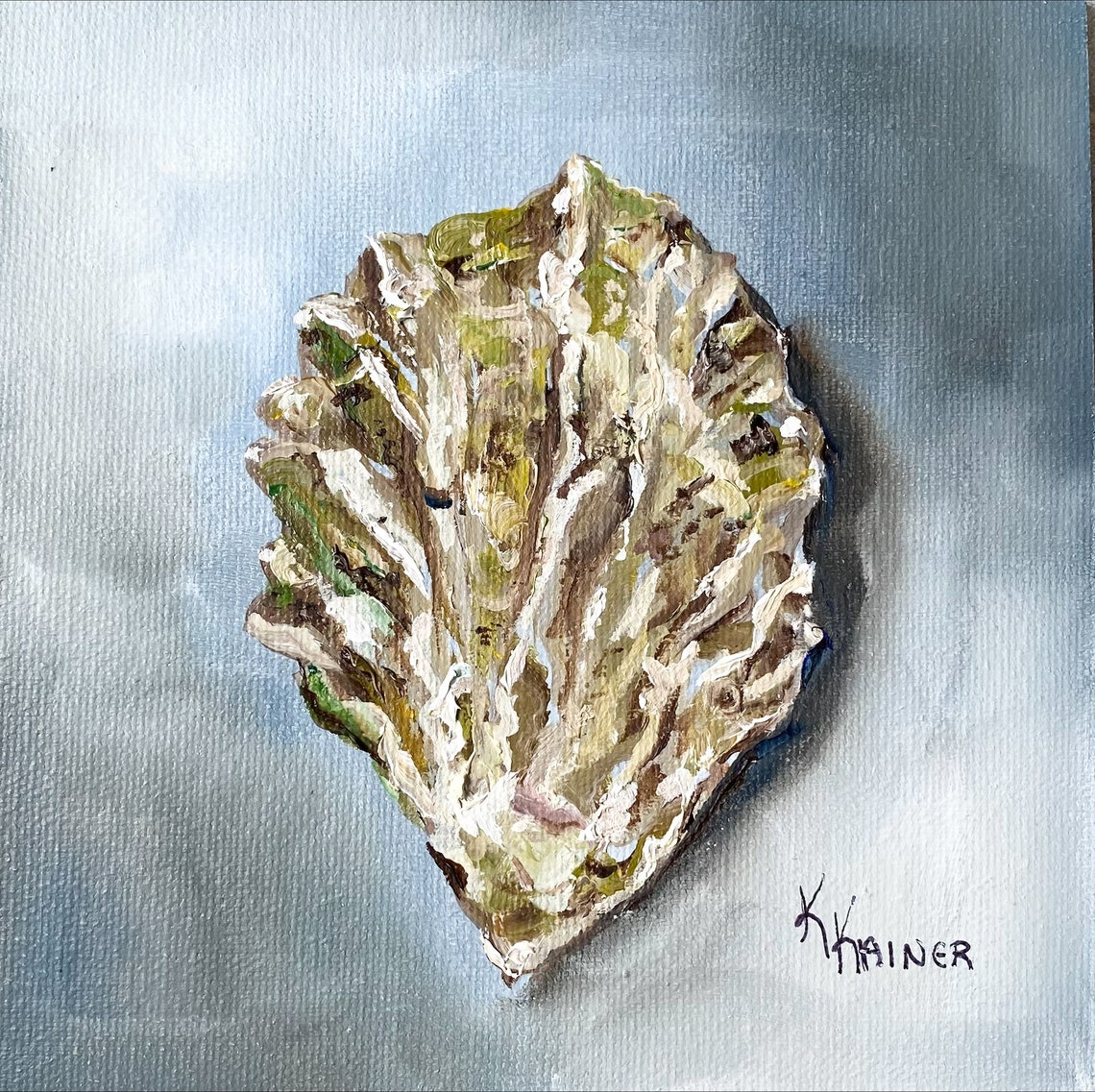 Kumamoto Oyster Shell ORIGINAL Oil Painting 6x6 Coastal Decor Seashell ...