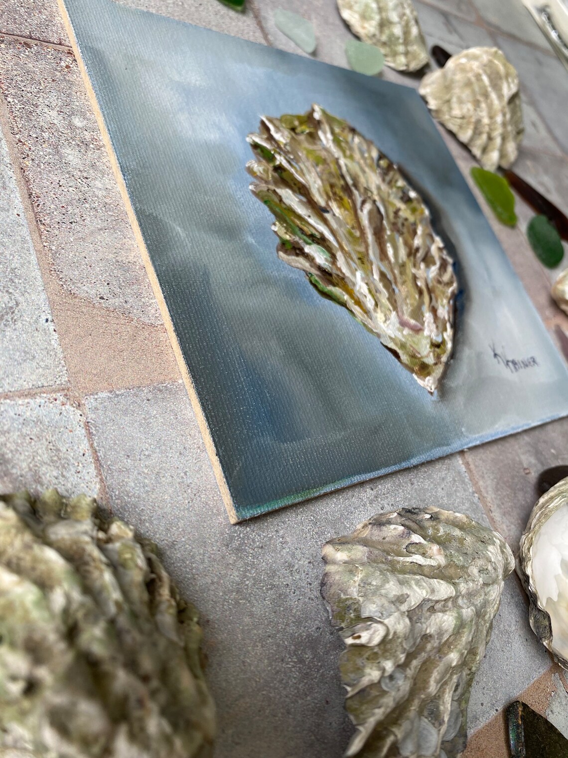 Kumamoto Oyster Shell ORIGINAL Oil Painting 6x6 Coastal Decor Seashell ...