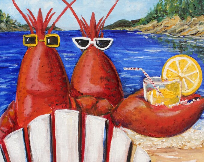 Whimsical Art Maine Lobsters Love ORIGINAL Oil Painting Coastal Decor ...