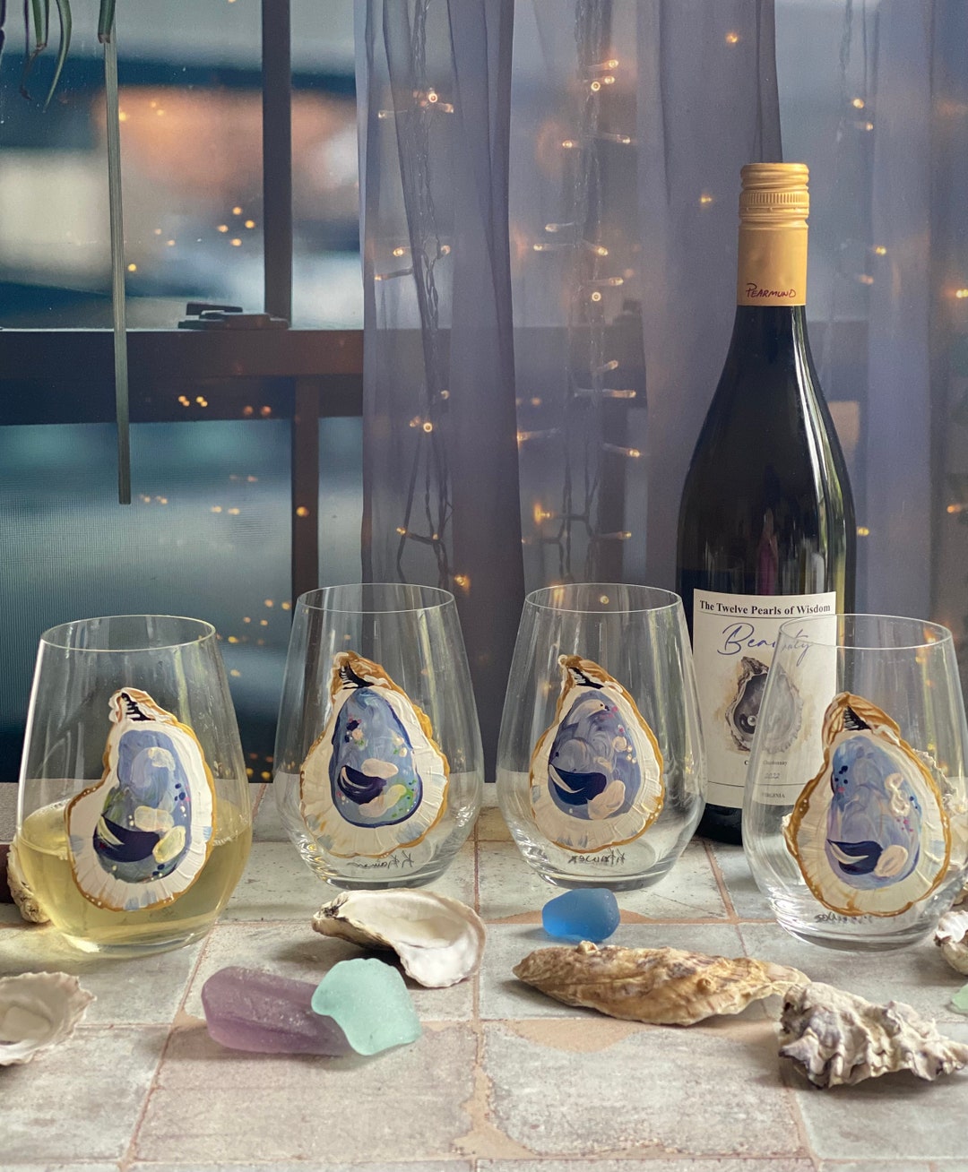 Set of 4 Hand Painted Oyster Shell Wine Glasses Coastal Style - Etsy