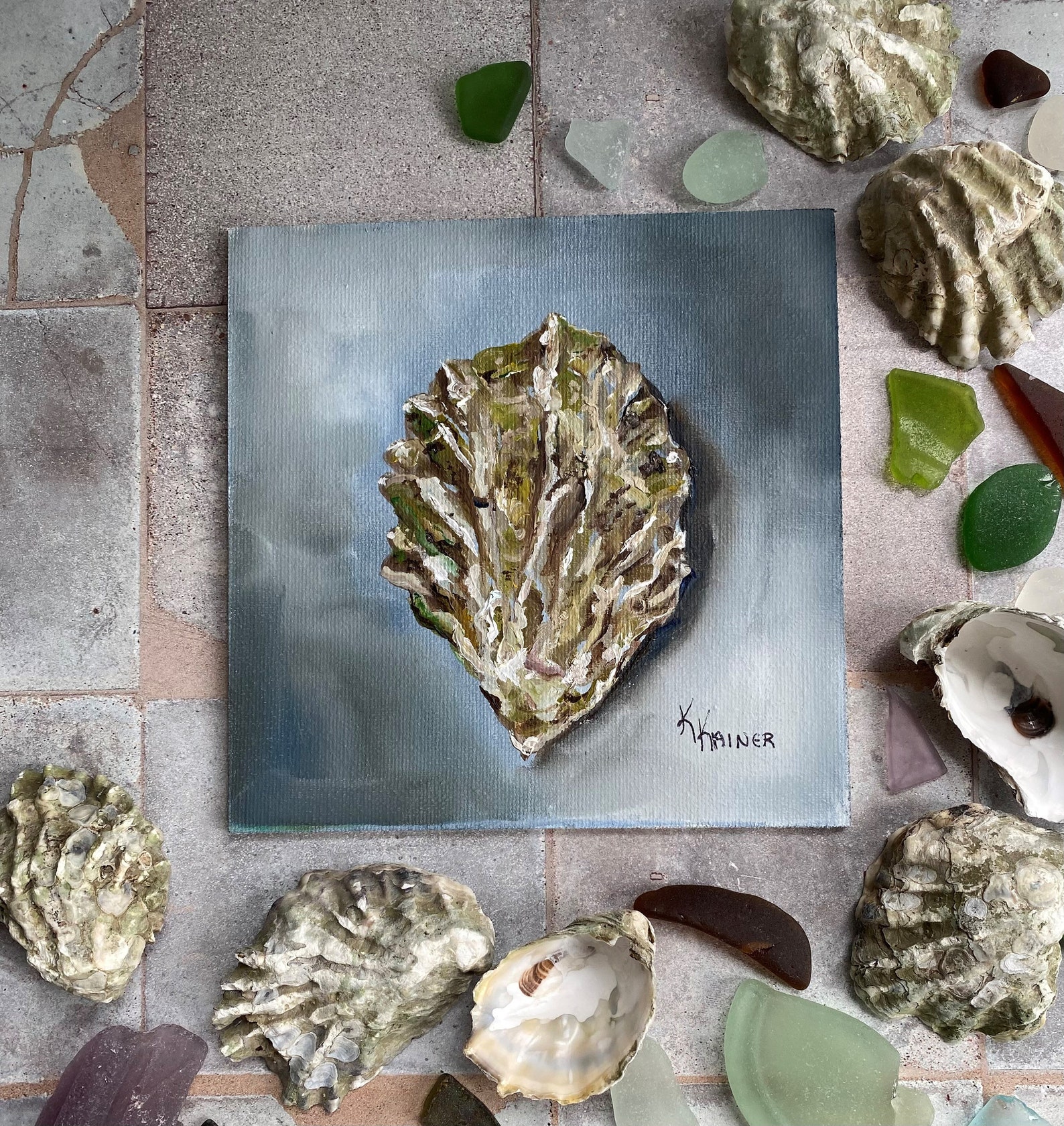Kumamoto Oyster Shell ORIGINAL Oil Painting 6x6 Coastal Decor Seashell ...