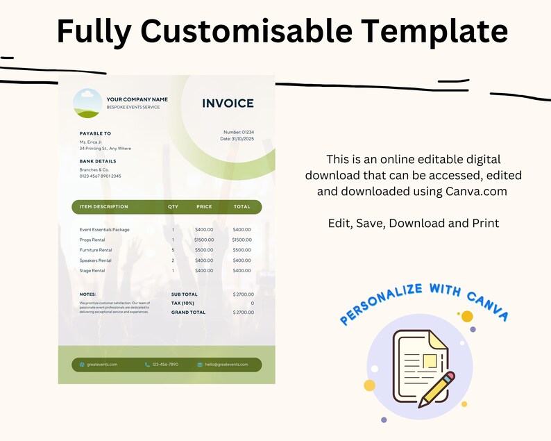Invoice Template, Event Planner, Business Owner, Digital Download ...