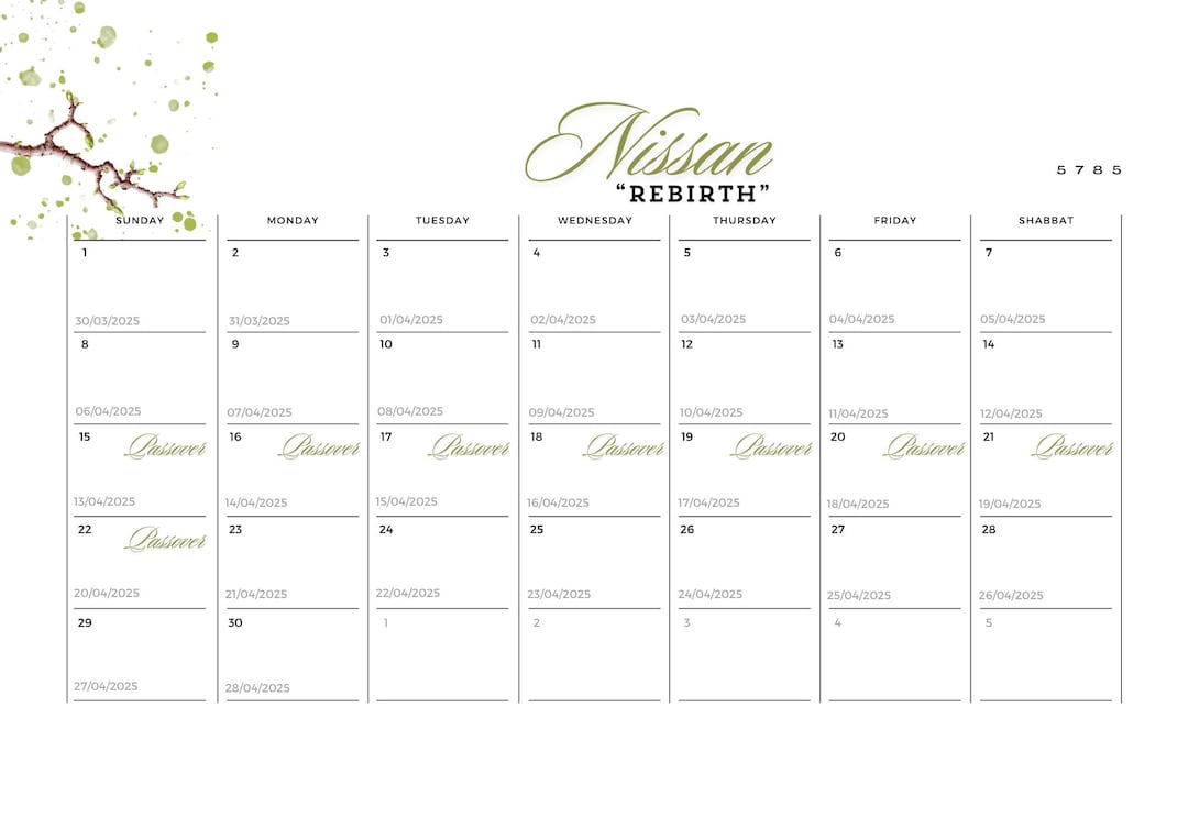 Hebrew (jewish) Calendar Year 5785 Month of Nissan - Etsy