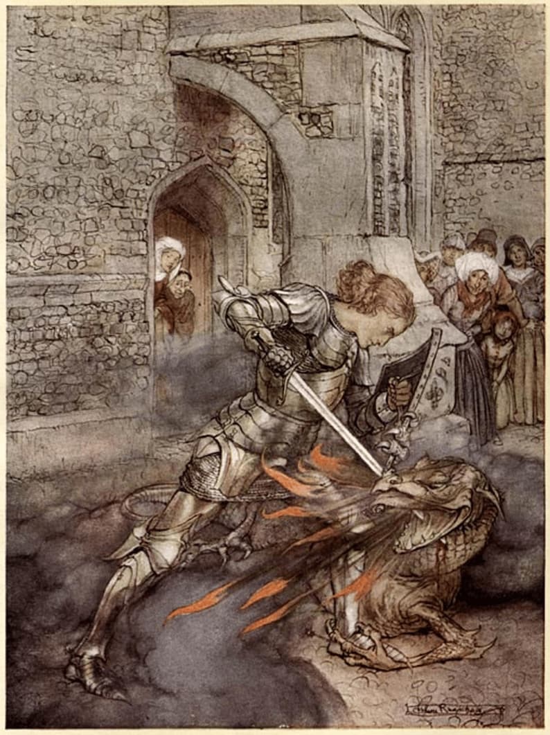 Lancelot Fights a Dragon - Arthur Rackham (1917) - Etsy