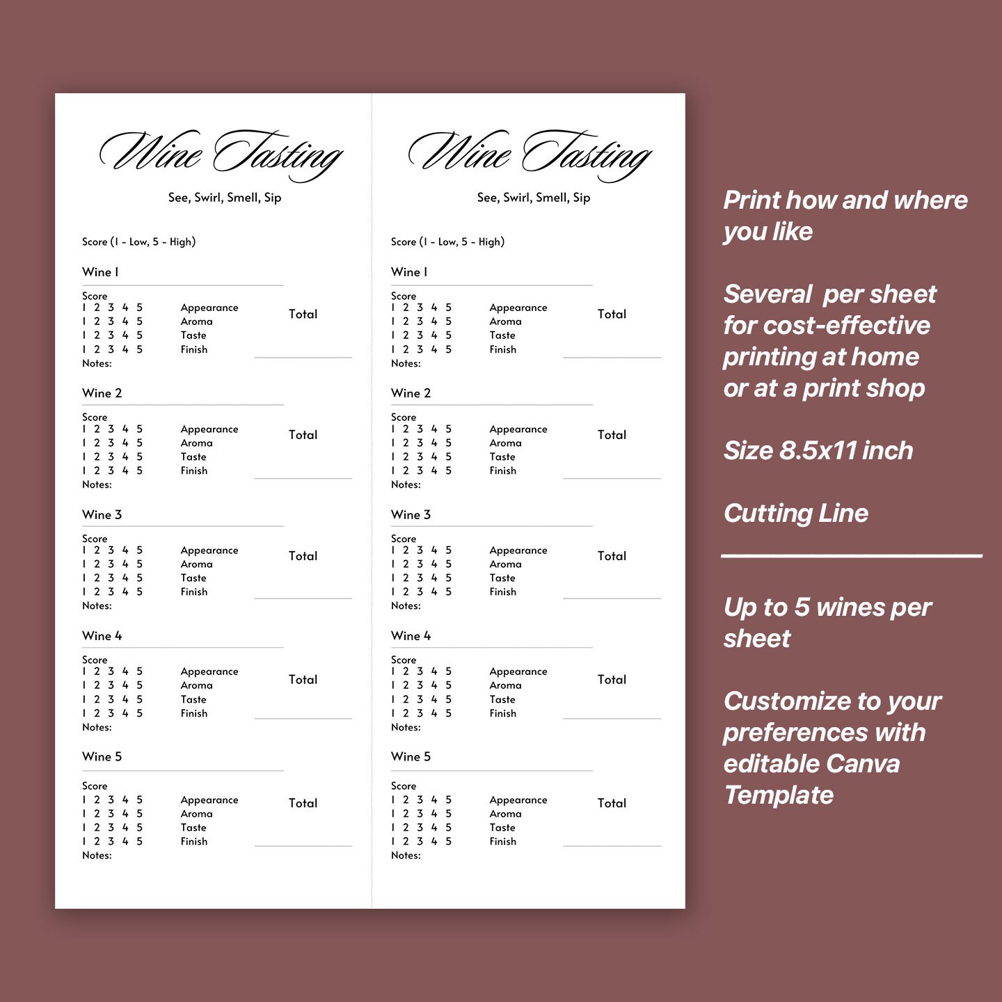 Wine Tasting Card Template Printable Wine Tasting Score Card Wine ...