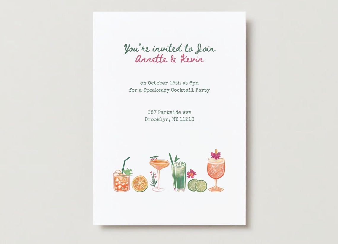 Floral Speakeasy Cocktail Themed Party Invitation - Editable Template ...